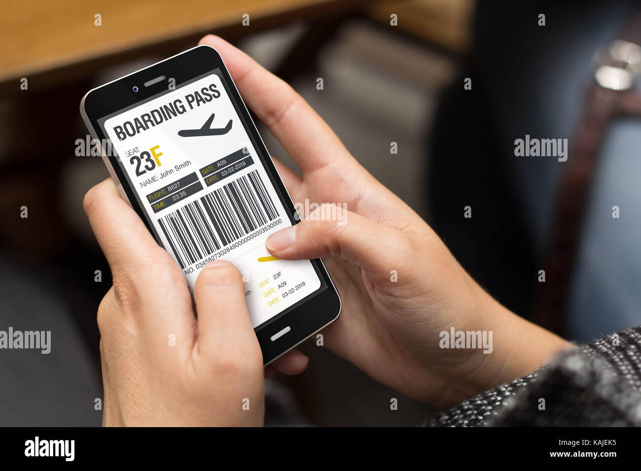 travel concept: girl using a digital generated phonechecking boarding ...