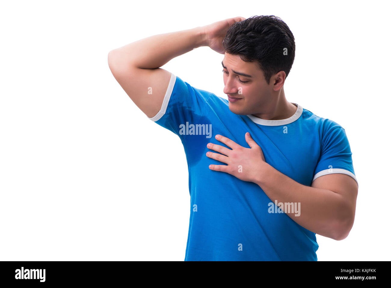 Man sweating excessively smelling bad isolated on white background ...