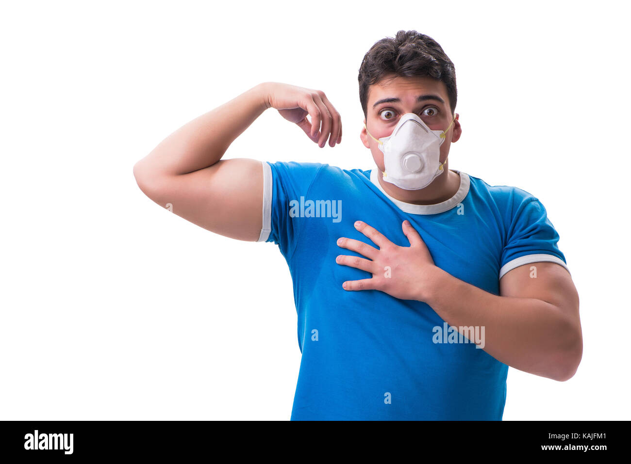 Man sweating excessively smelling bad isolated on white background ...