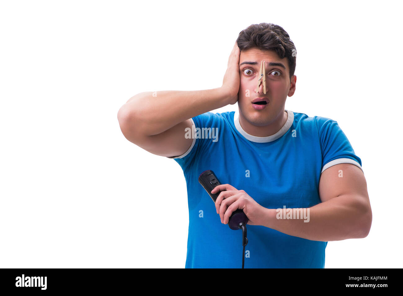 Man sweating excessively smelling bad isolated on white background ...