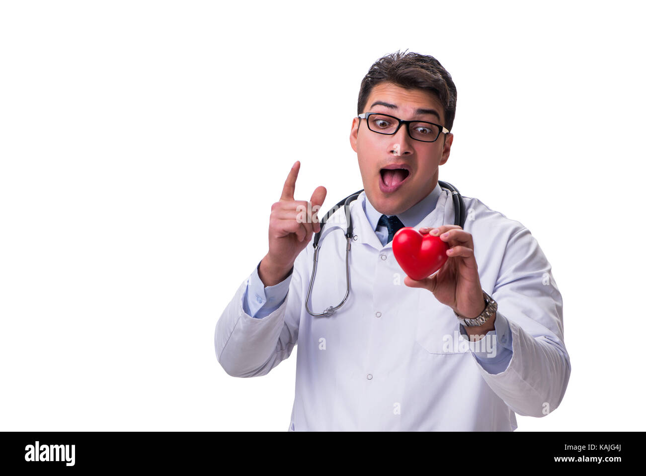 Young male cardiologist doctor holding a heart isolated on white ...