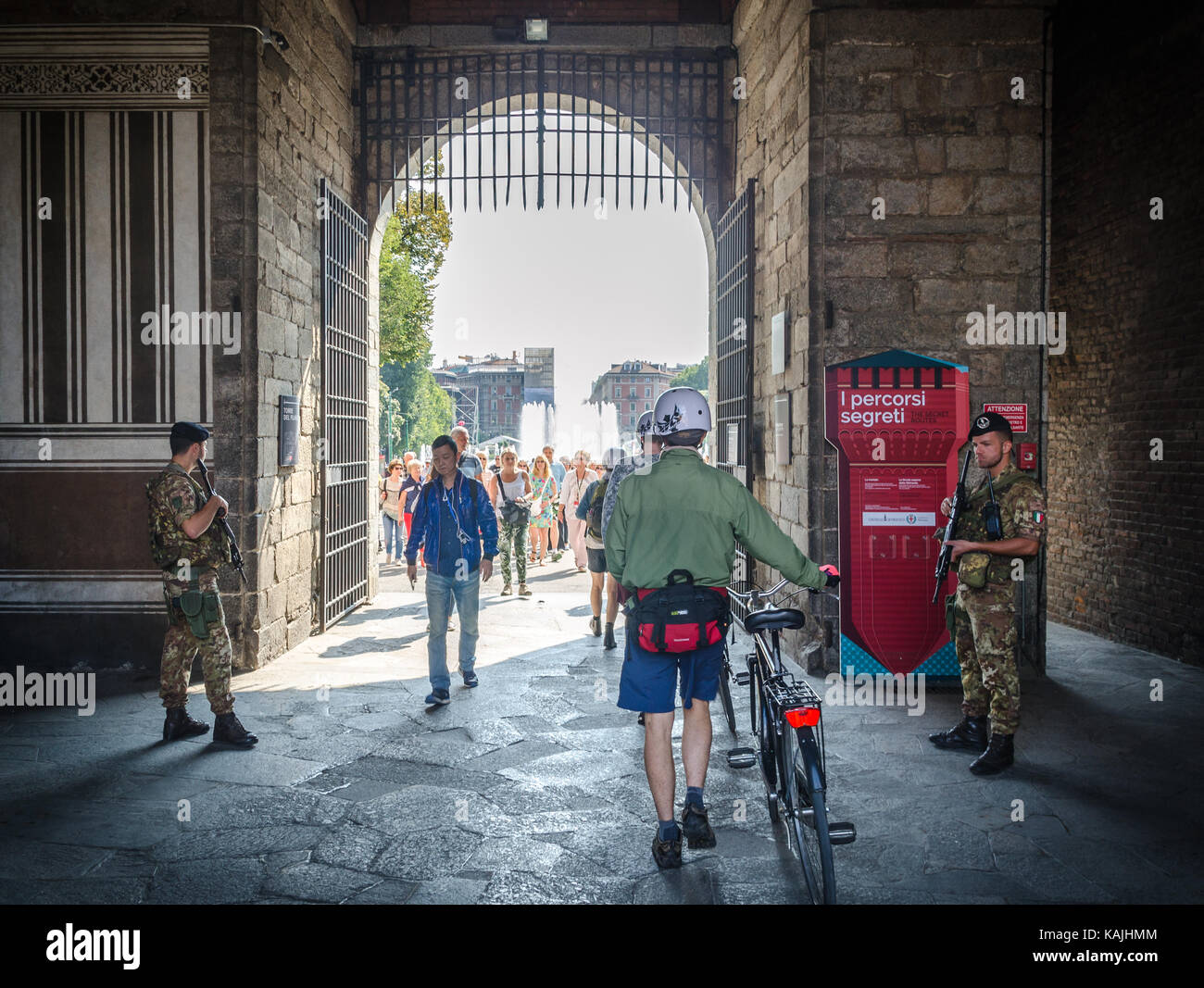 Two Italian army soldiers stand on guard at the entrance of Sforzesco ...