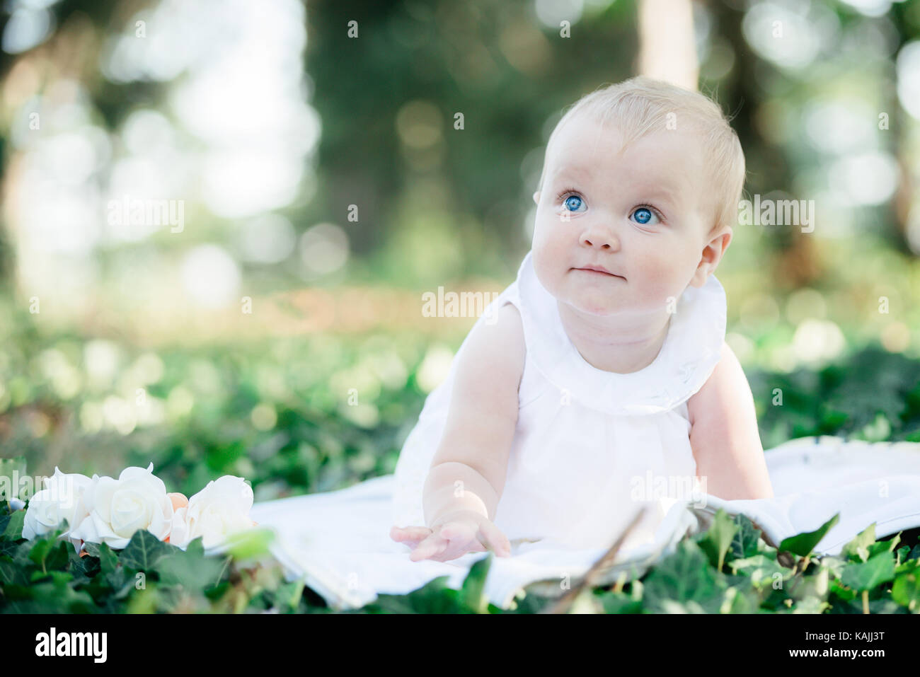baby girl 8 months old portrait outdoors in sunlight Stock Photo - Alamy