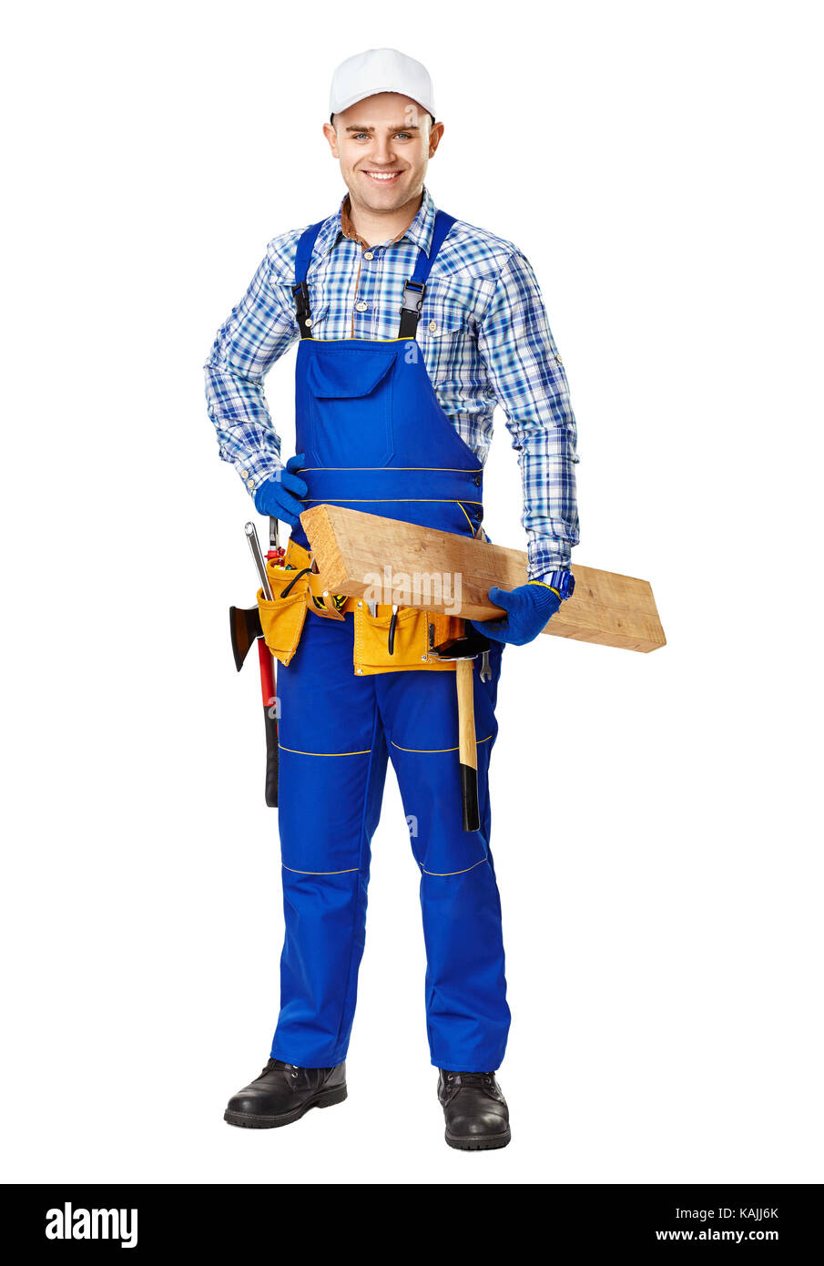 Full length portrait of young carpenter with wooden plank isolated on ...