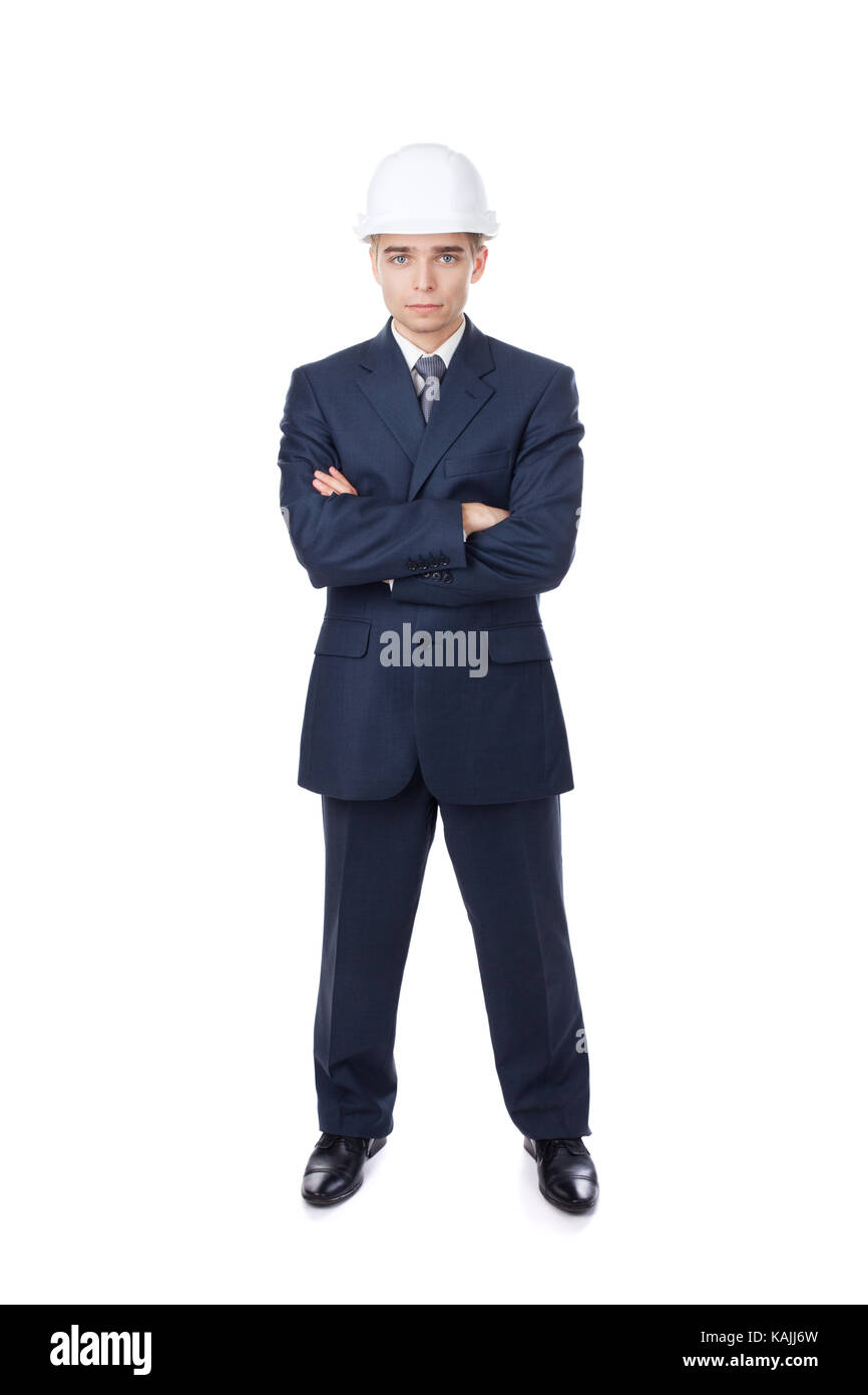 Engineer with white hard hat standing confidently isolated on white ...