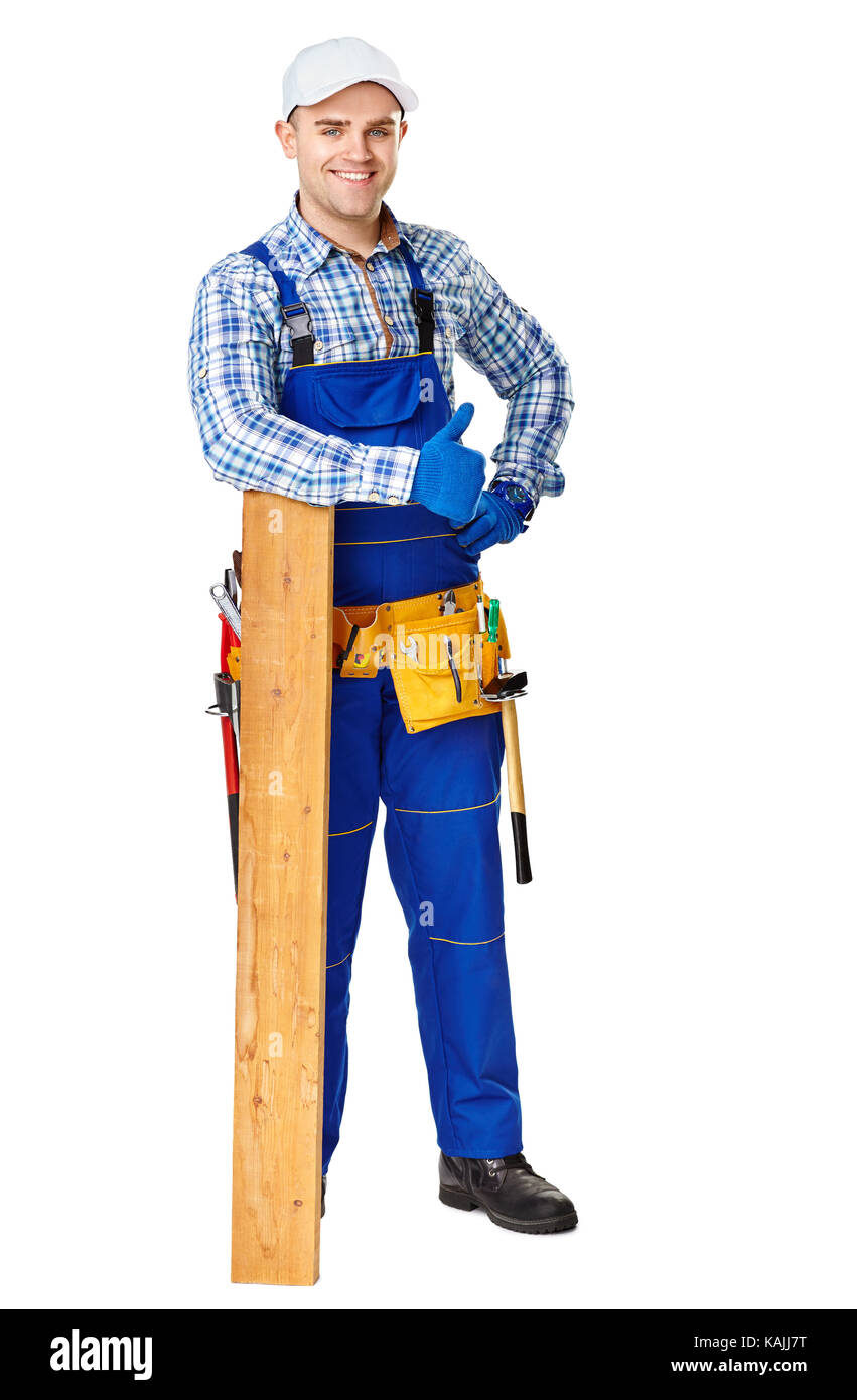Full length portrait of happy young carpenter leaning on a wooden plank ...