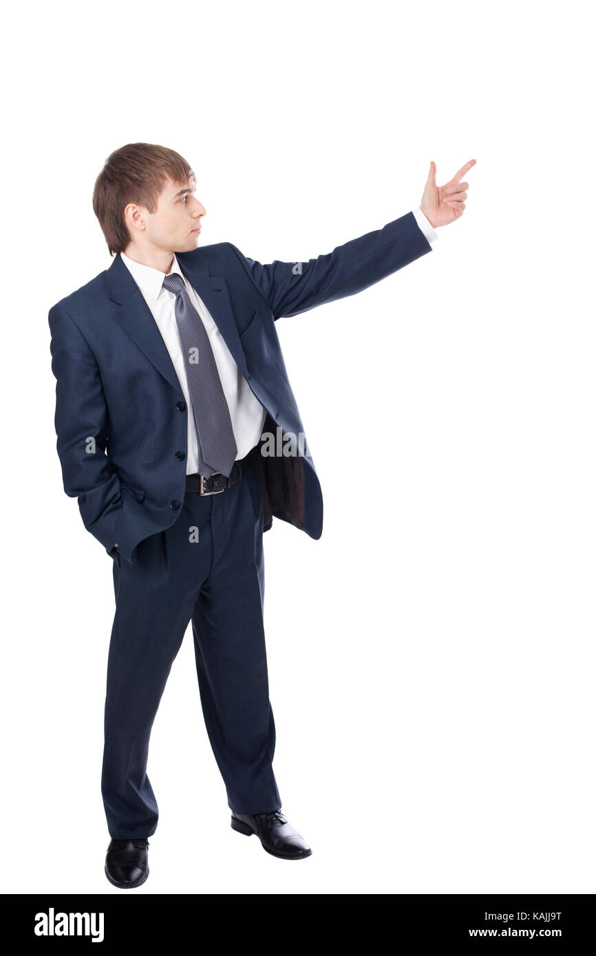 young smiling businessman shows forefingers isolated on white ...