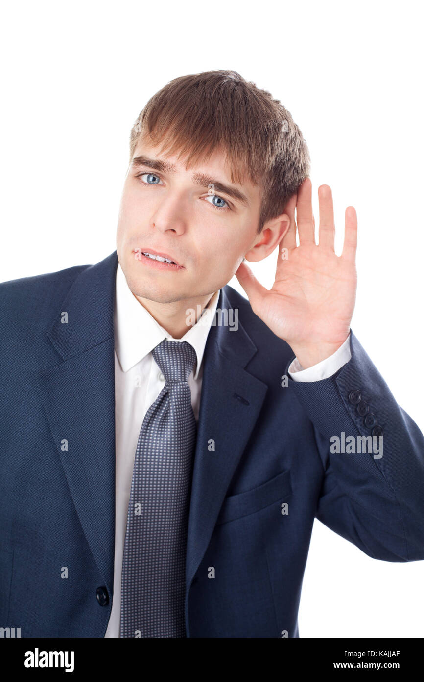 business man in listening pose isolated on white background Stock Photo ...