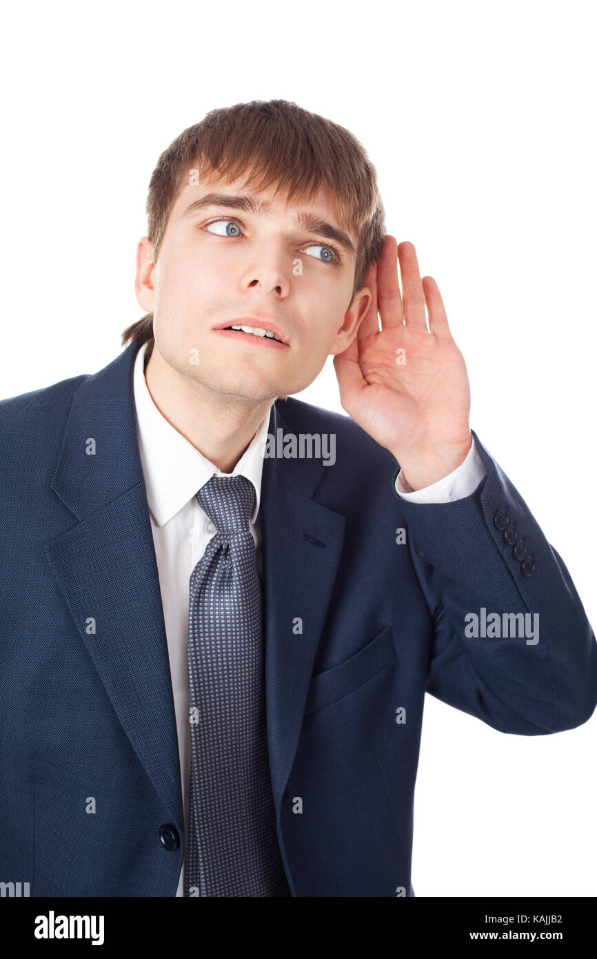 business man in listening pose isolated on white background Stock Photo ...