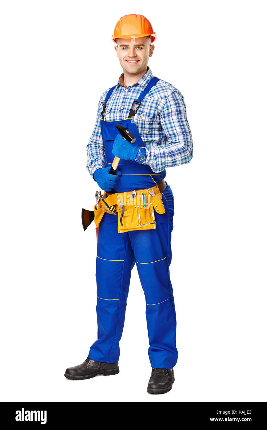 Full length portrait of smiling young male construction worker with ...