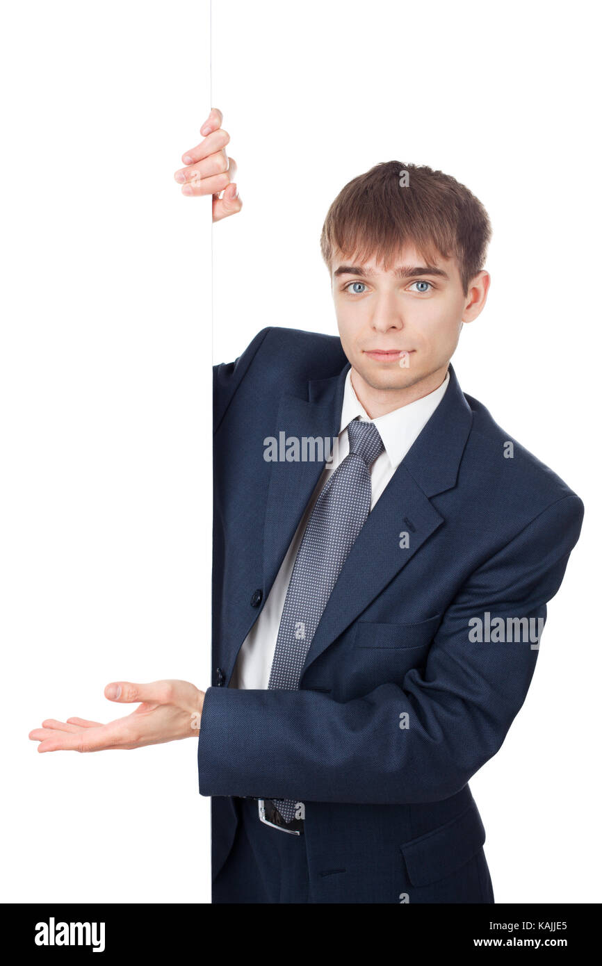 young smiling businessman holding white blank board isolated on white ...