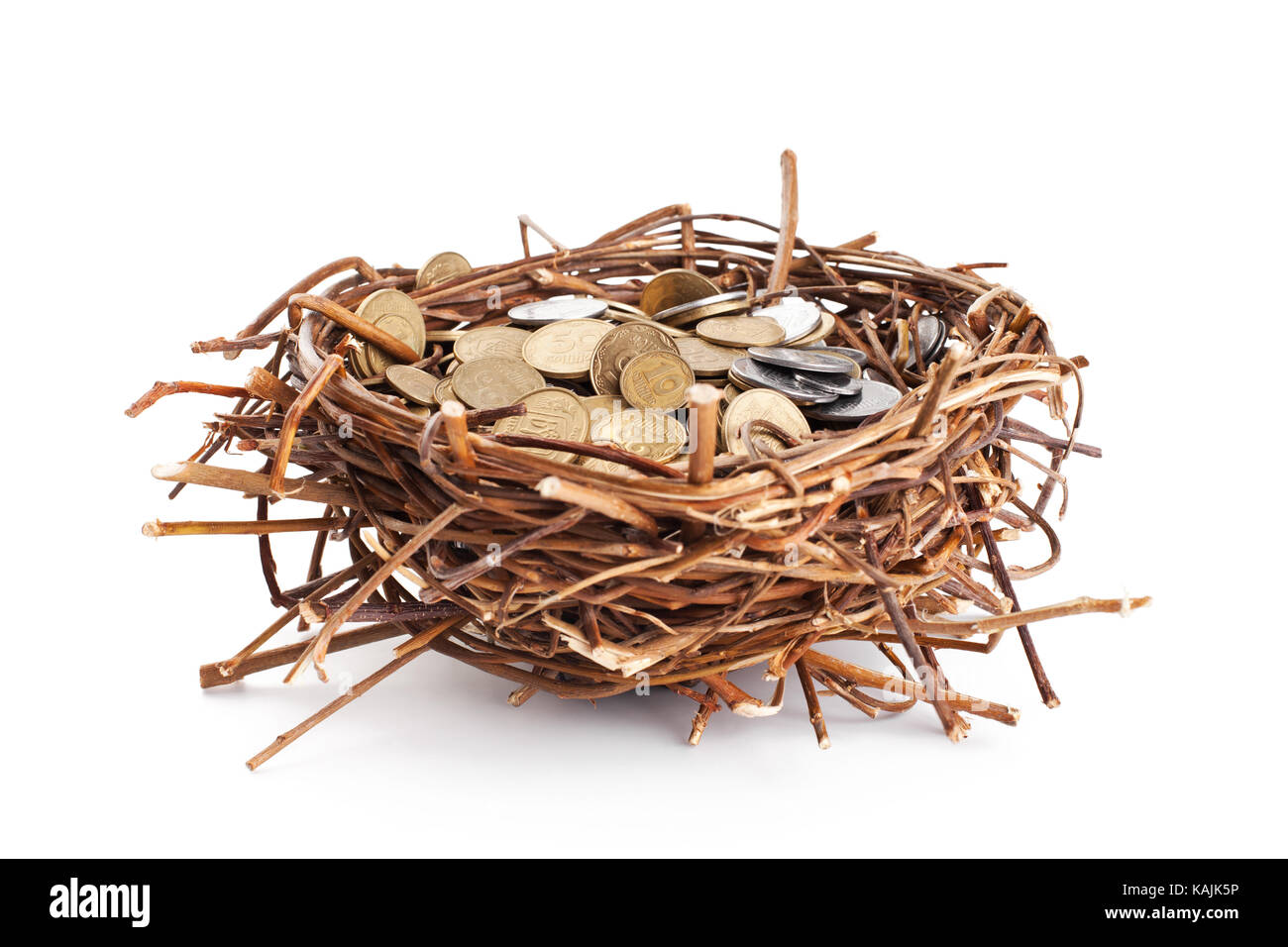Nest full of coins isolated on white background Stock Photo - Alamy