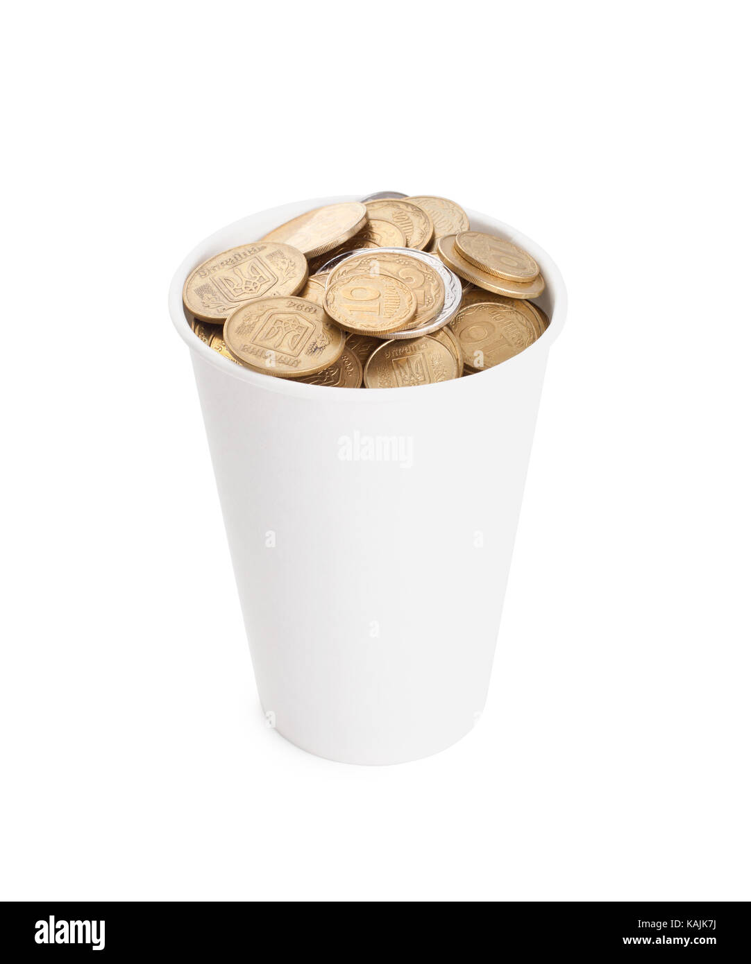 Coins in a white cup isolated on white background Stock Photo - Alamy