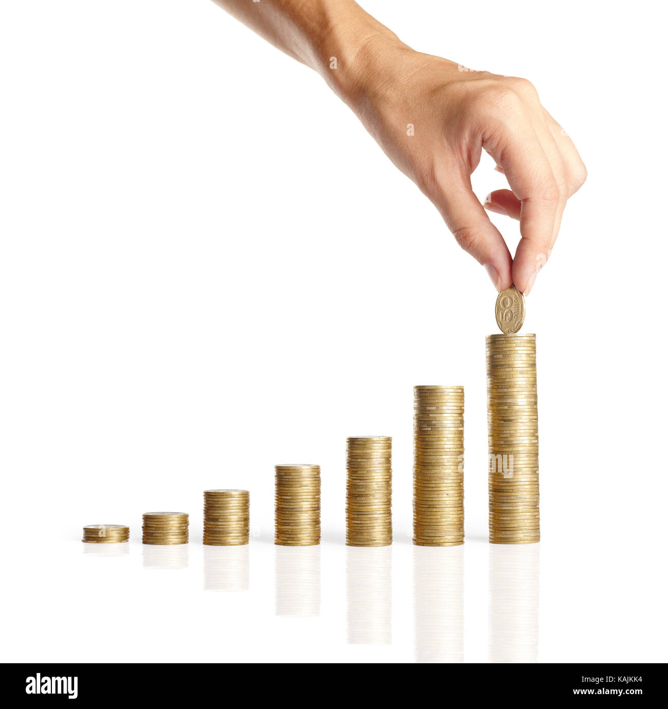 Hand put coins to stack of coins on white background ,Business idea ...