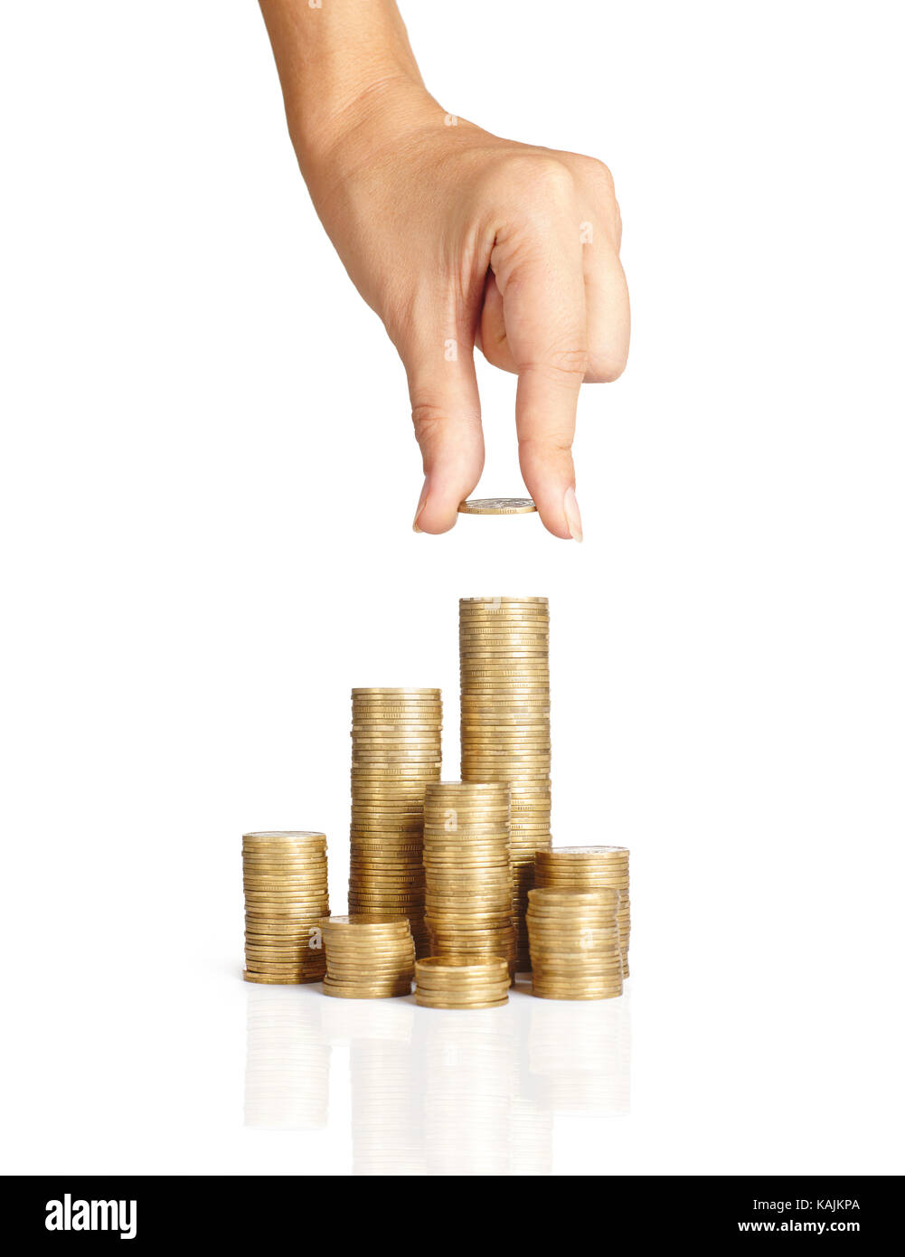 Hand put coins to stack of coins on white background ,Business idea ...