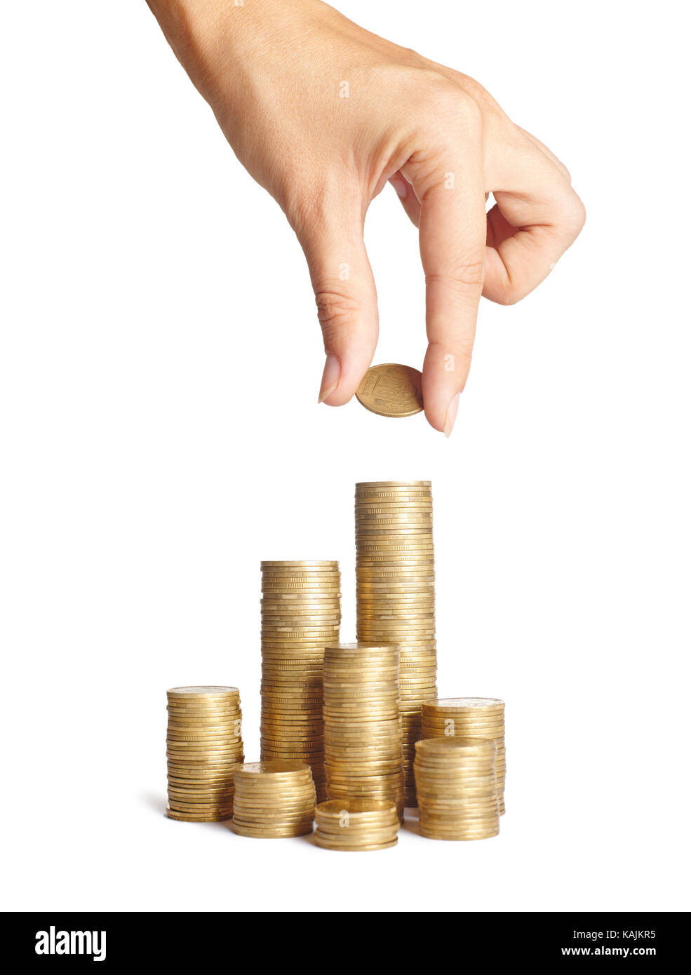 Hand put coins to stack of coins on white background ,Growth Finance ...