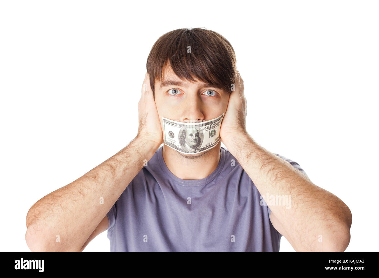 Young man covering his ears with his hands and his mouth sealed by a ...