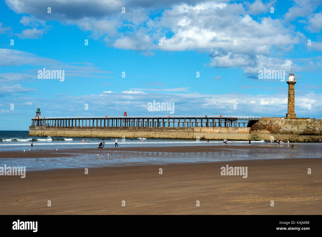 Whitby Beach with West Pier and Breakwater, Whitby, North Yorkshire ...