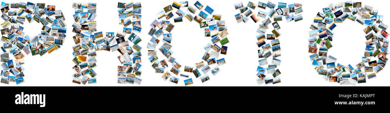Collage of travel images forming the english word PHOTO Stock Photo - Alamy