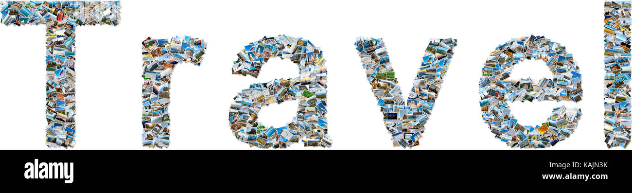 Collage of travel photos - the word Travel made of mix of multiple ...