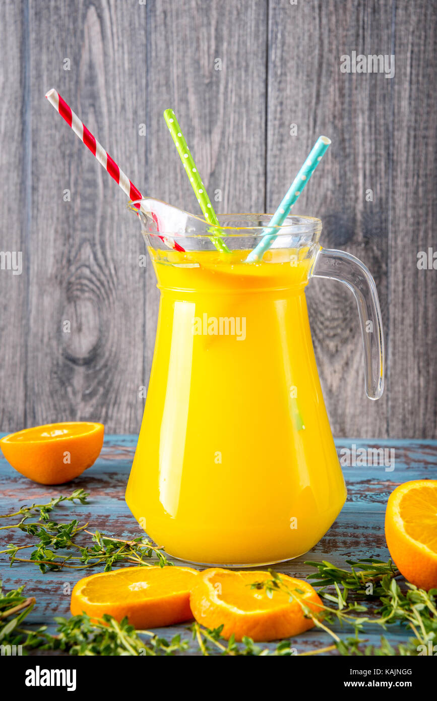 Glass of orange juice from above on vintage wood table Stock Photo - Alamy