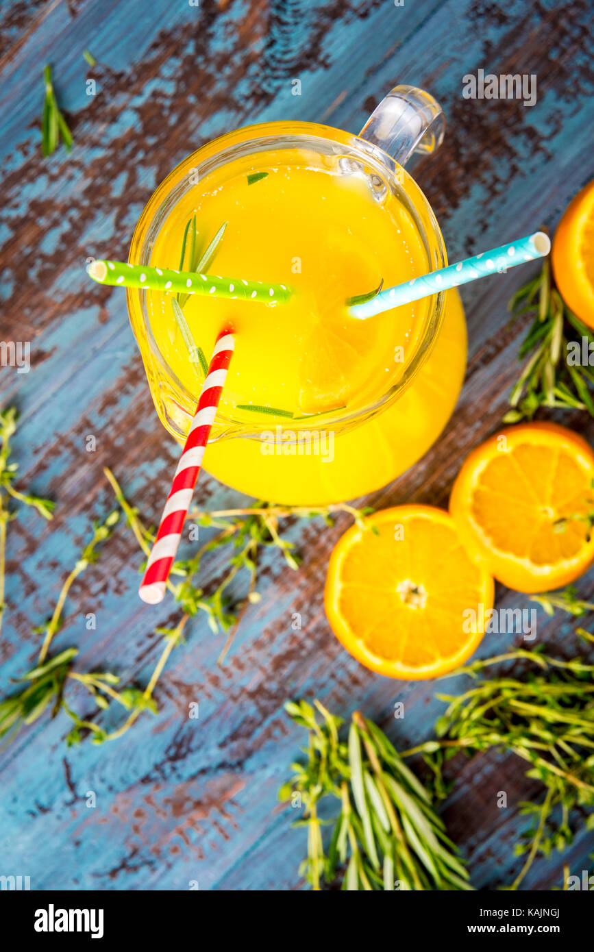 Glass of orange juice from above on vintage wood table. top view Stock ...