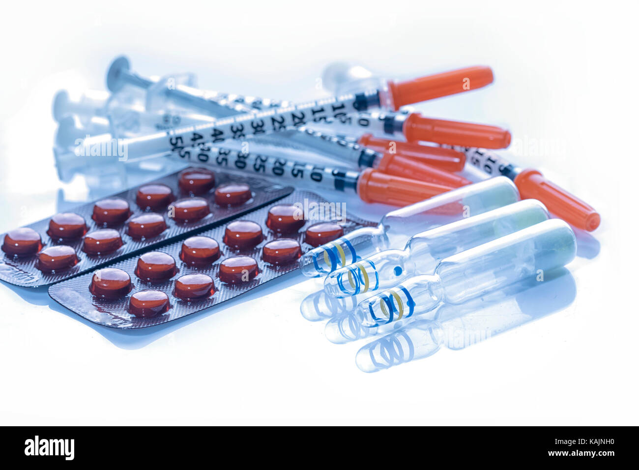 Glass Medicine Vials with syringe pills capsule with color filter Stock ...