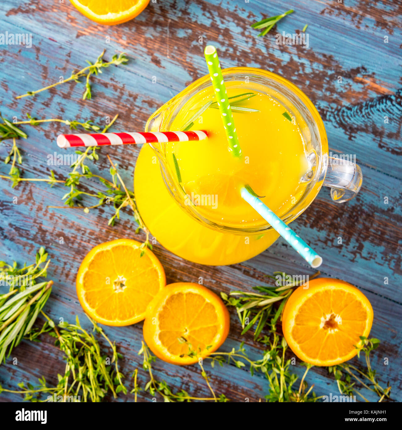 Glass of orange juice from above on vintage wood table. top view Stock ...