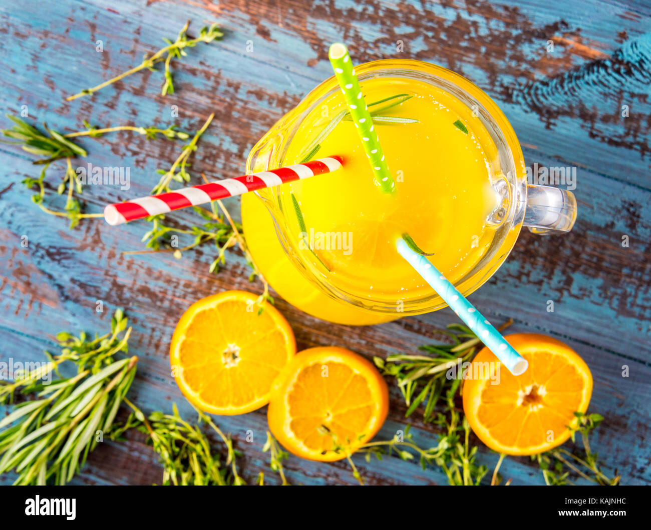 Glass of orange juice from above on vintage wood table. top view Stock ...