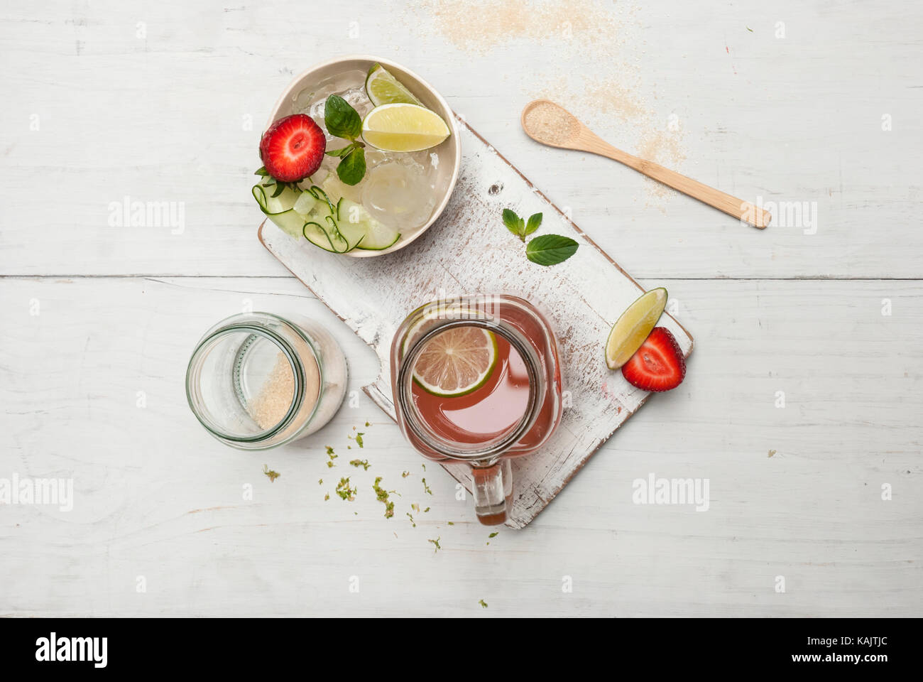 Fresh lemonade with strawberries and lime, from above Stock Photo - Alamy