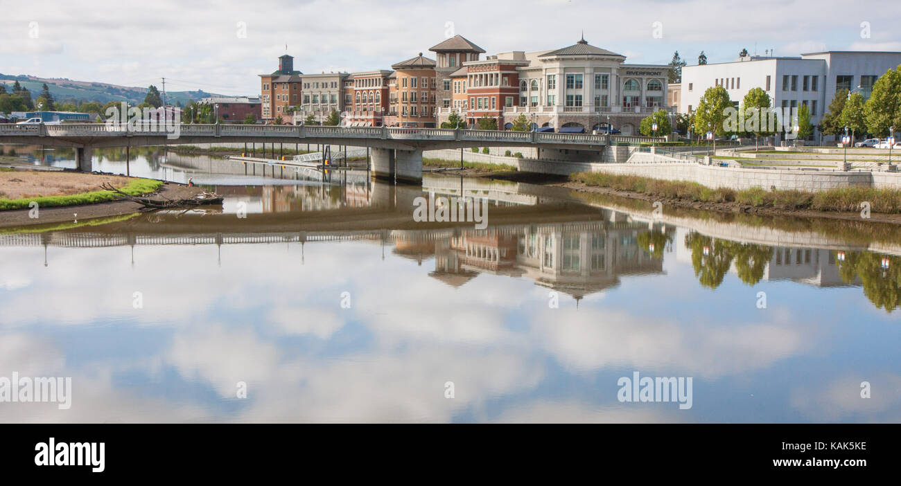 Reflection of downtown Napa in Napa River. Napa, California, USA ...