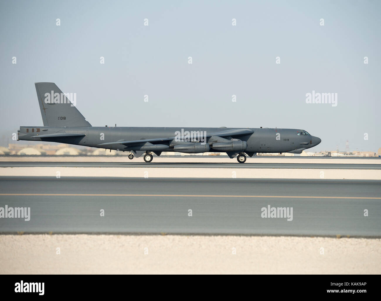 A U.S. Air Force B-52 Stratofortress takes off at Al Udeid Air Base ...