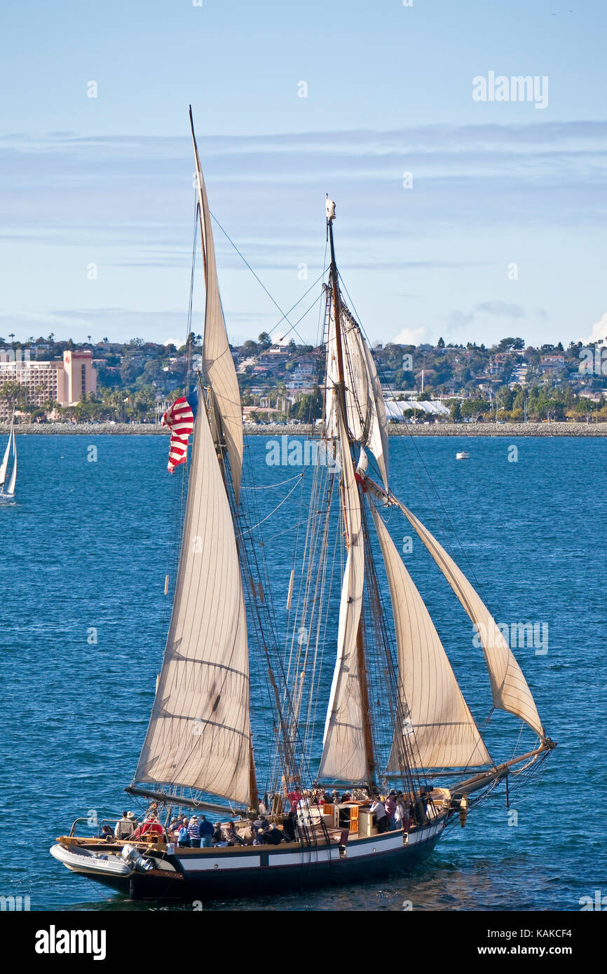 Tall Ship Lynx under sail on San Diego Bay, CA US. Lynx is an ...