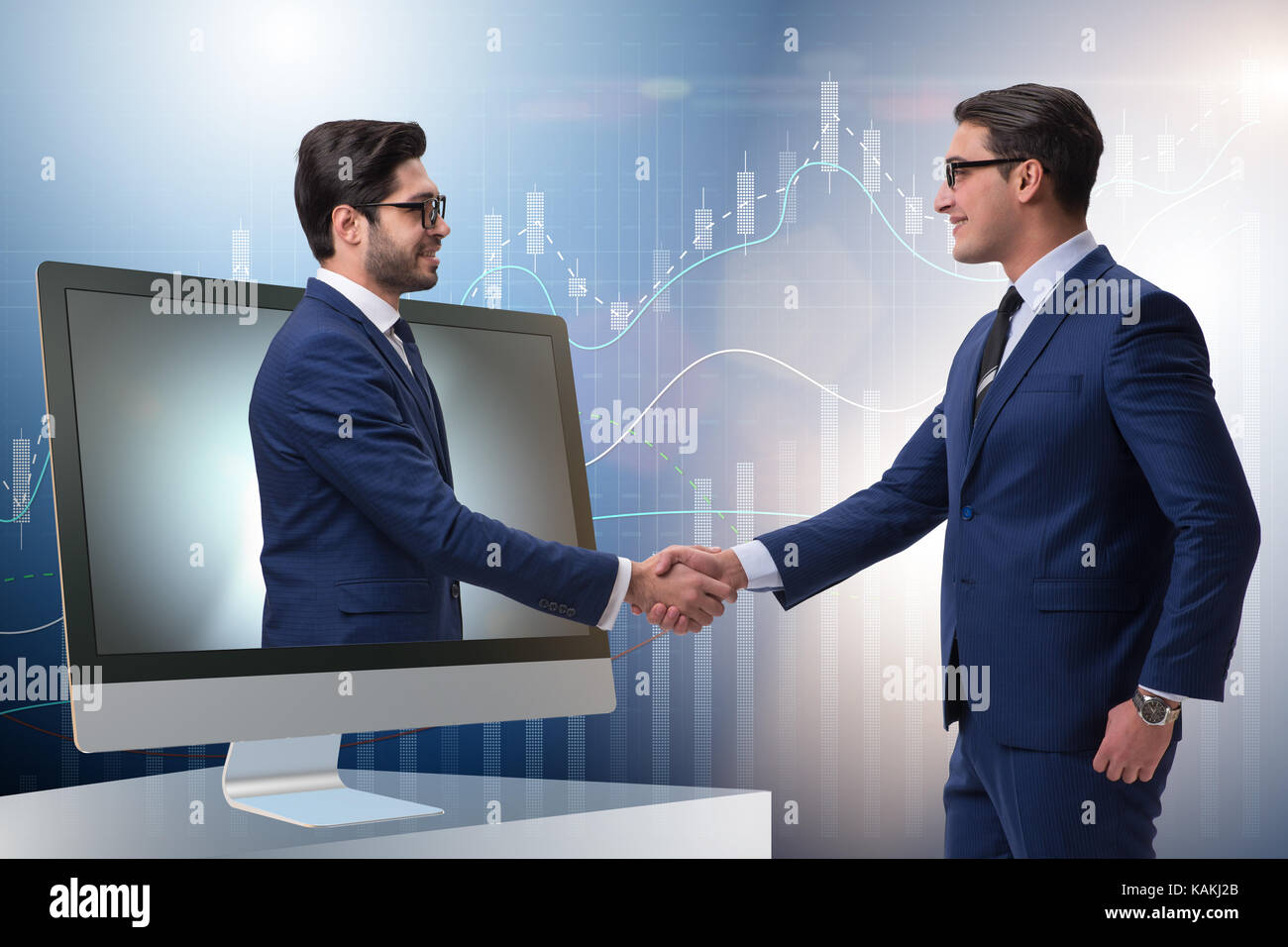 Telepresence concept with two businessman handshaking Stock Photo - Alamy