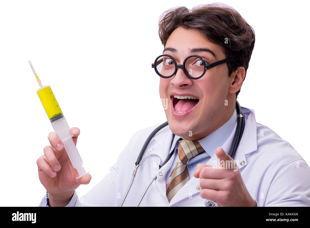 Funny doctor with syringe isolated on white Stock Photo - Alamy