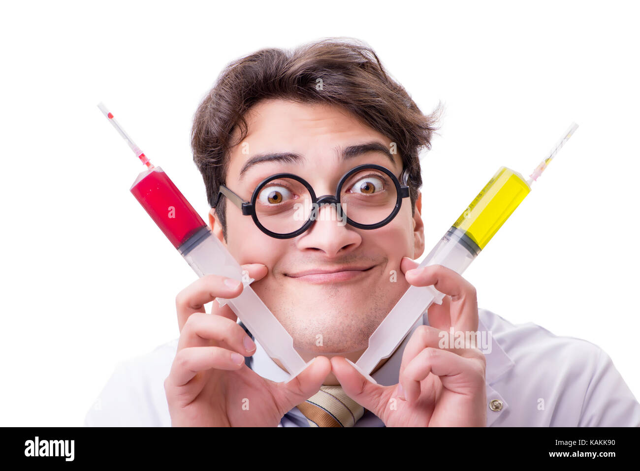 Funny doctor with syringe isolated on white Stock Photo - Alamy