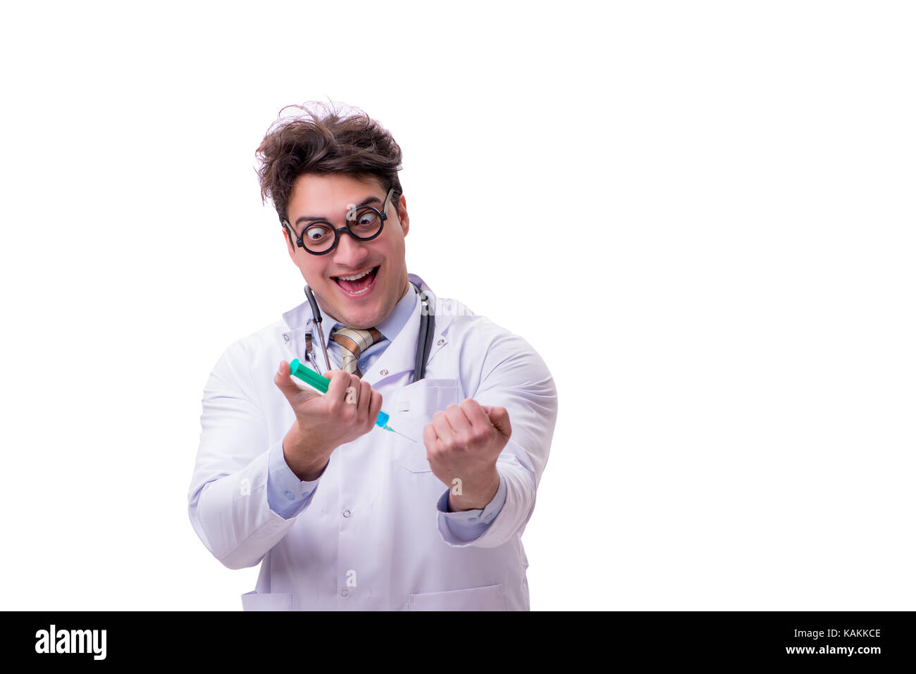 Funny doctor with syringe isolated on white Stock Photo - Alamy