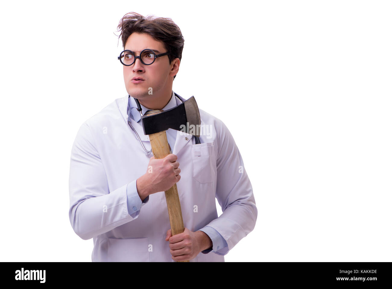 Funny doctor with axe isolated on white Stock Photo - Alamy