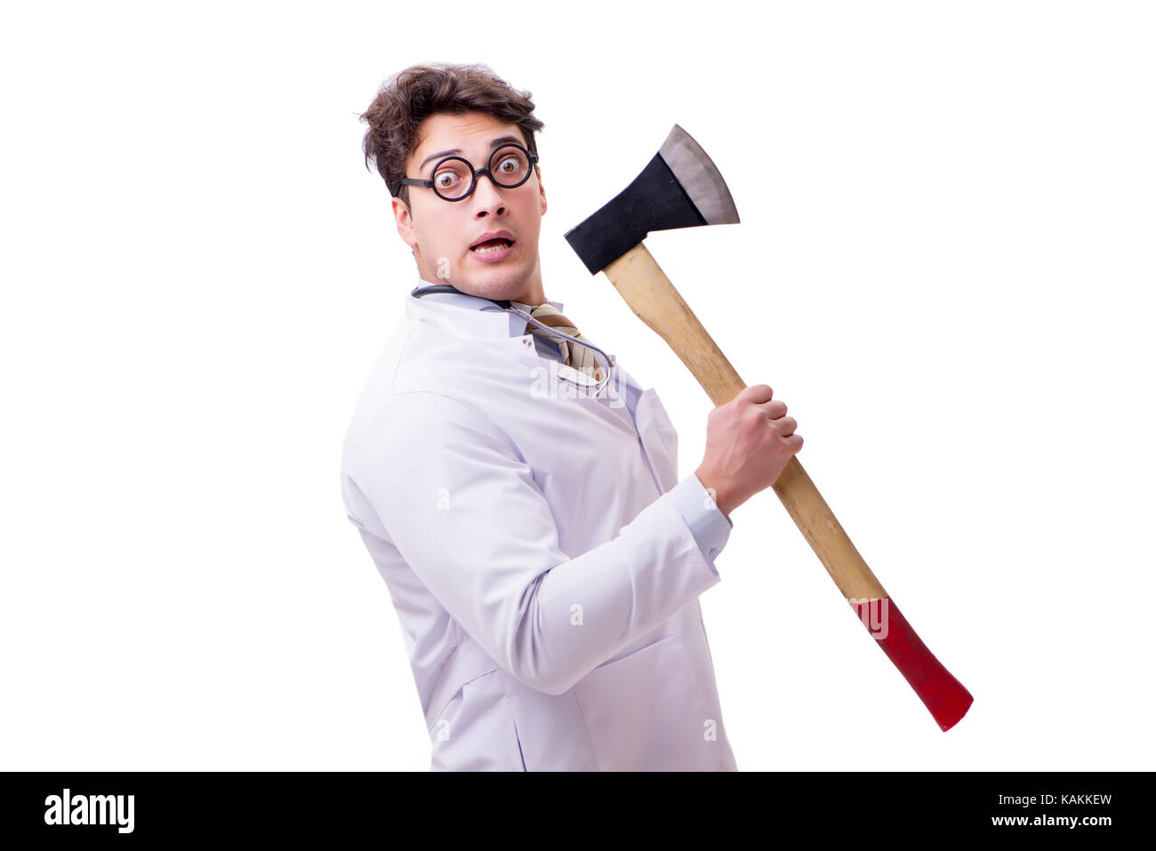 Funny doctor with axe isolated on white Stock Photo - Alamy