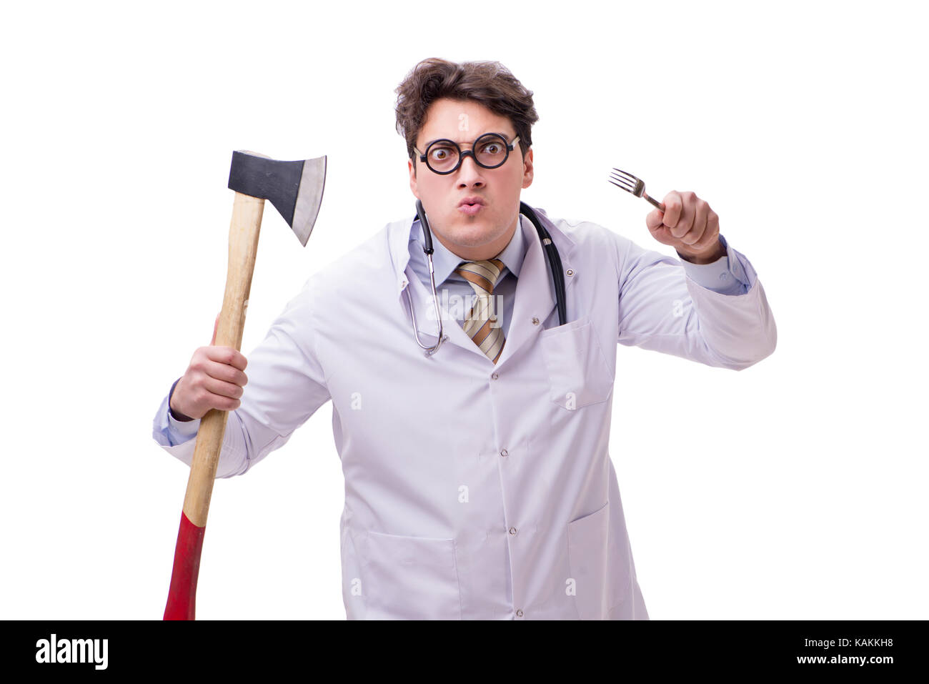 Funny doctor with axe isolated on white Stock Photo - Alamy