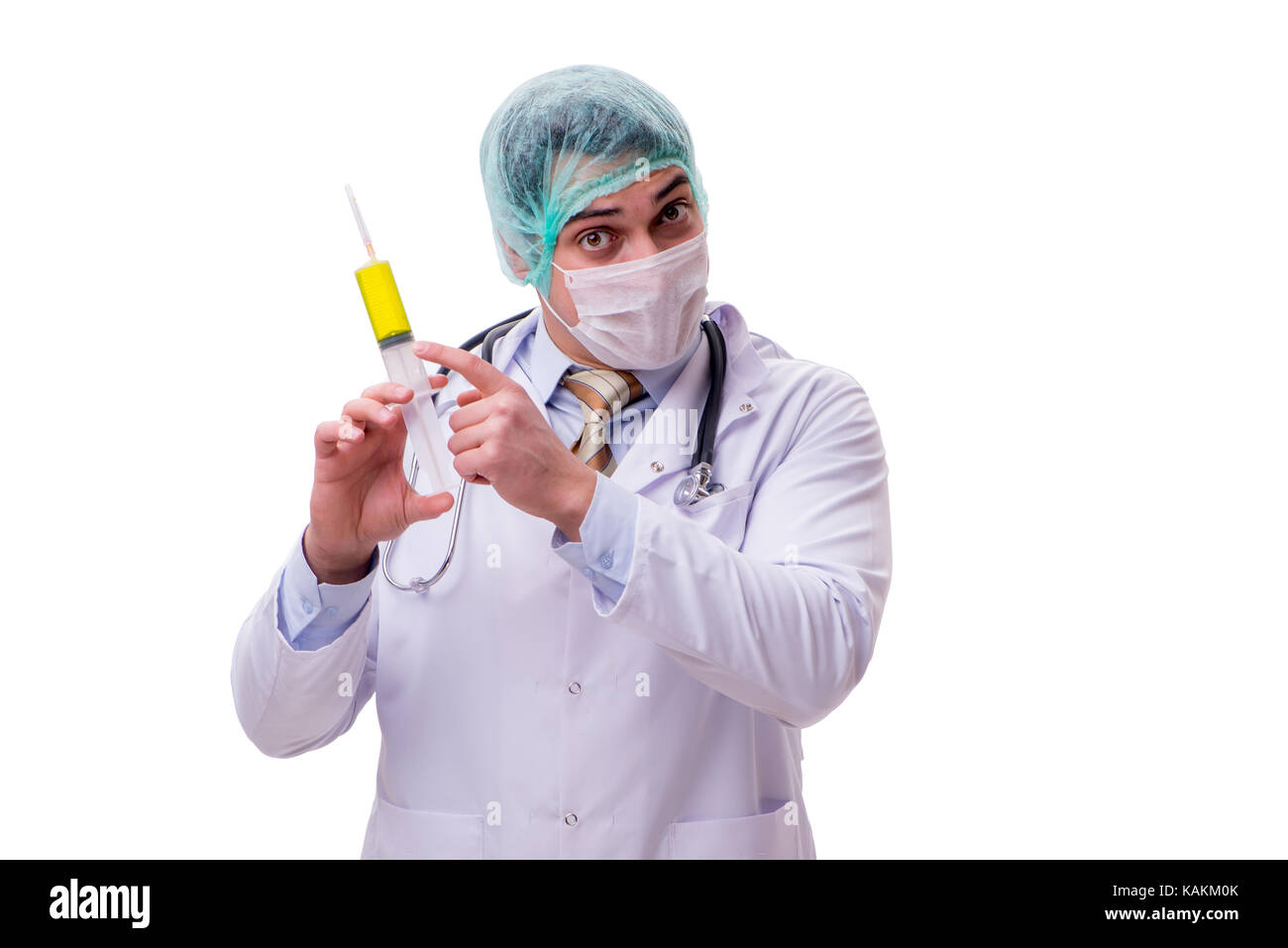 Funny doctor with syringe isolated on white Stock Photo - Alamy