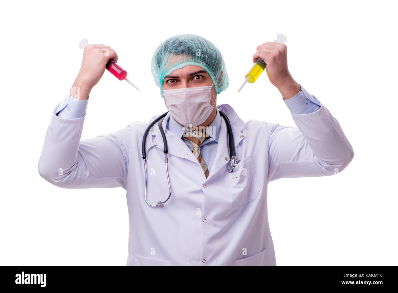 Funny doctor with syringe isolated on white Stock Photo - Alamy