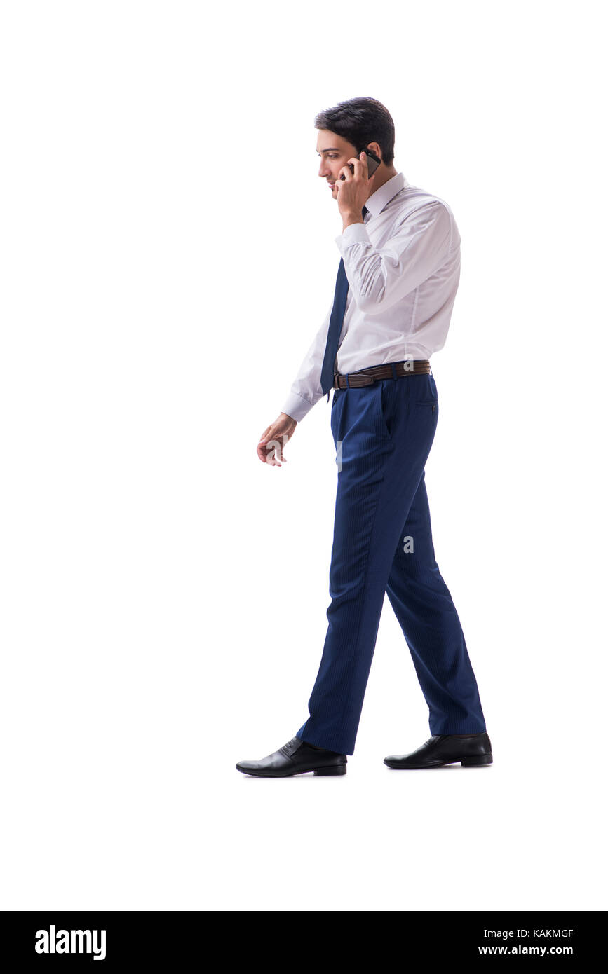 Businessman walking standing side view isolated on white background ...