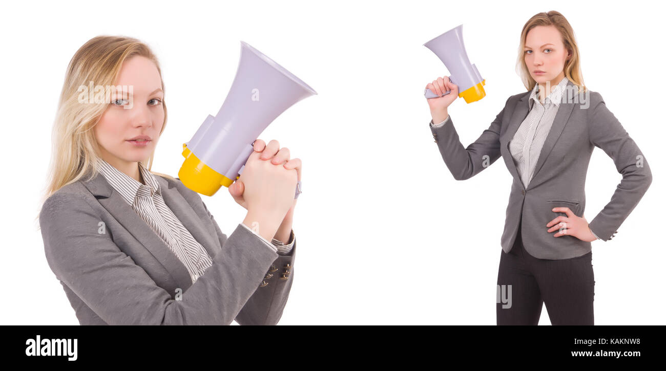 Businesswoman with bullhorn isolated on white Stock Photo - Alamy