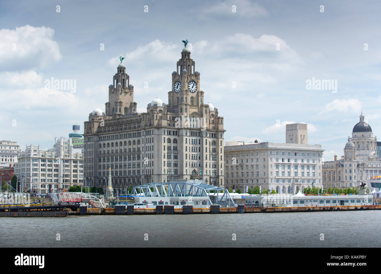 Liverpool skyline, a scene across the River Mersey showing Pier Head ...