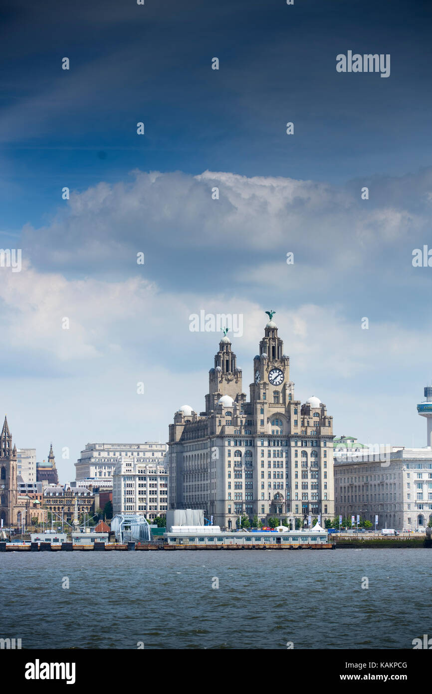 Liverpool skyline, a scene across the River Mersey showing Pier Head ...