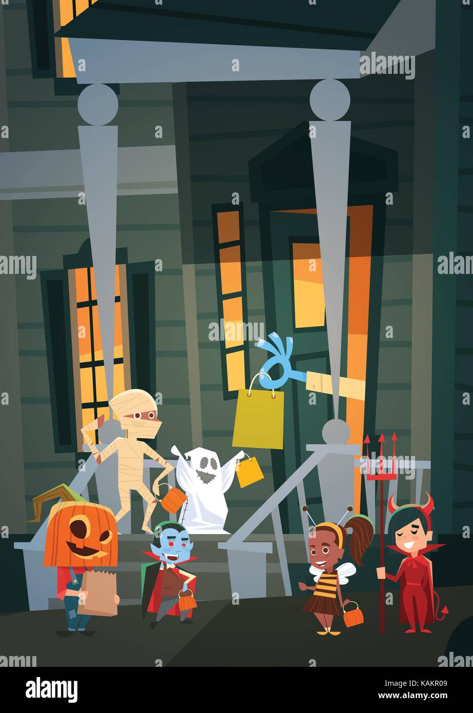 Kids Wearing Monsters Costumes Walking To House Get Candy Tricks Or ...