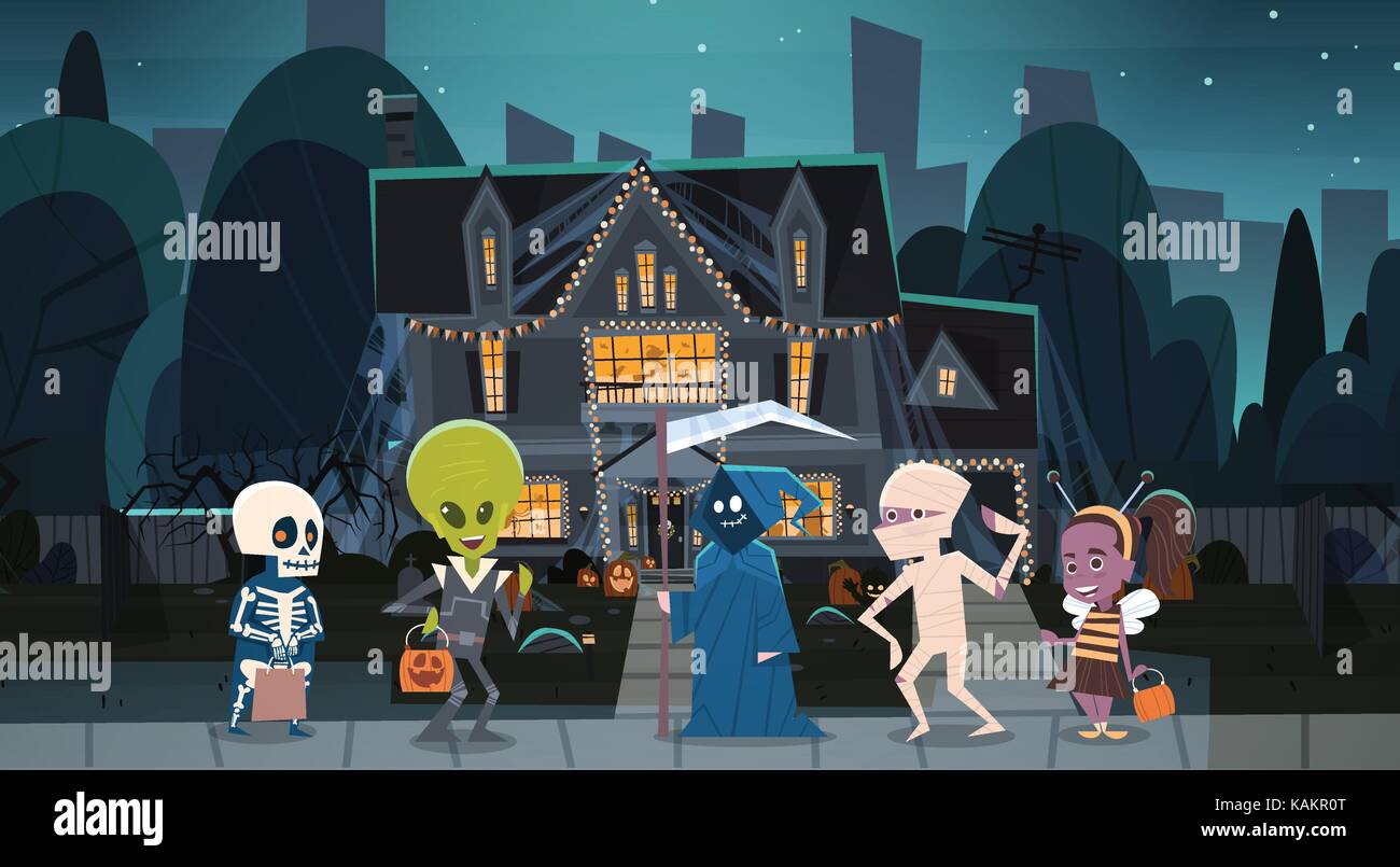 Kids Wearing Monsters Costumes Walking To House Get Candy Tricks Or ...