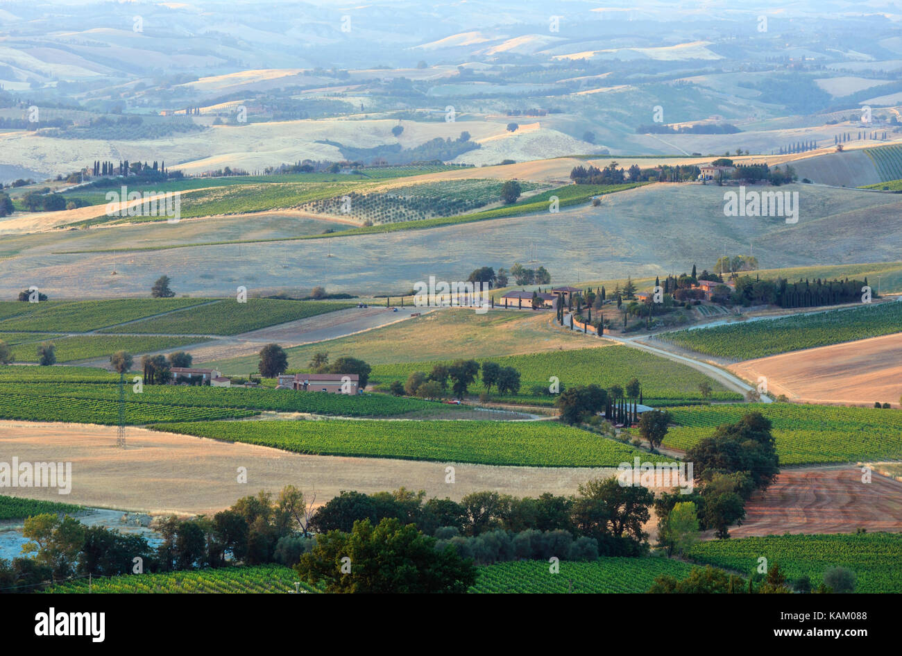 Beautiful landscape of Tuscany summer morning sunrise countryside in ...