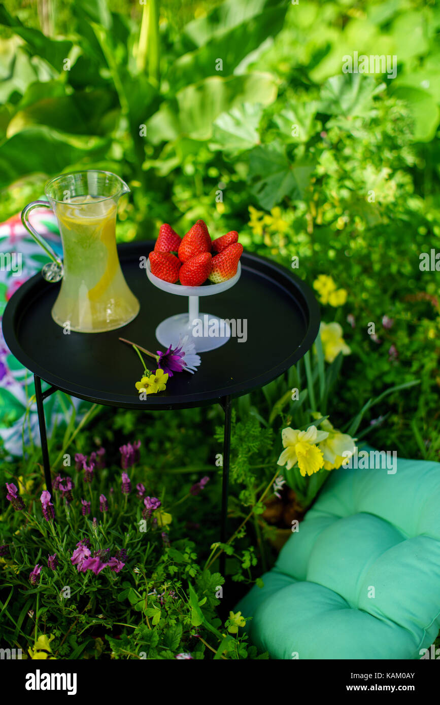 table with strawberries and lemonade in the garden Stock Photo - Alamy